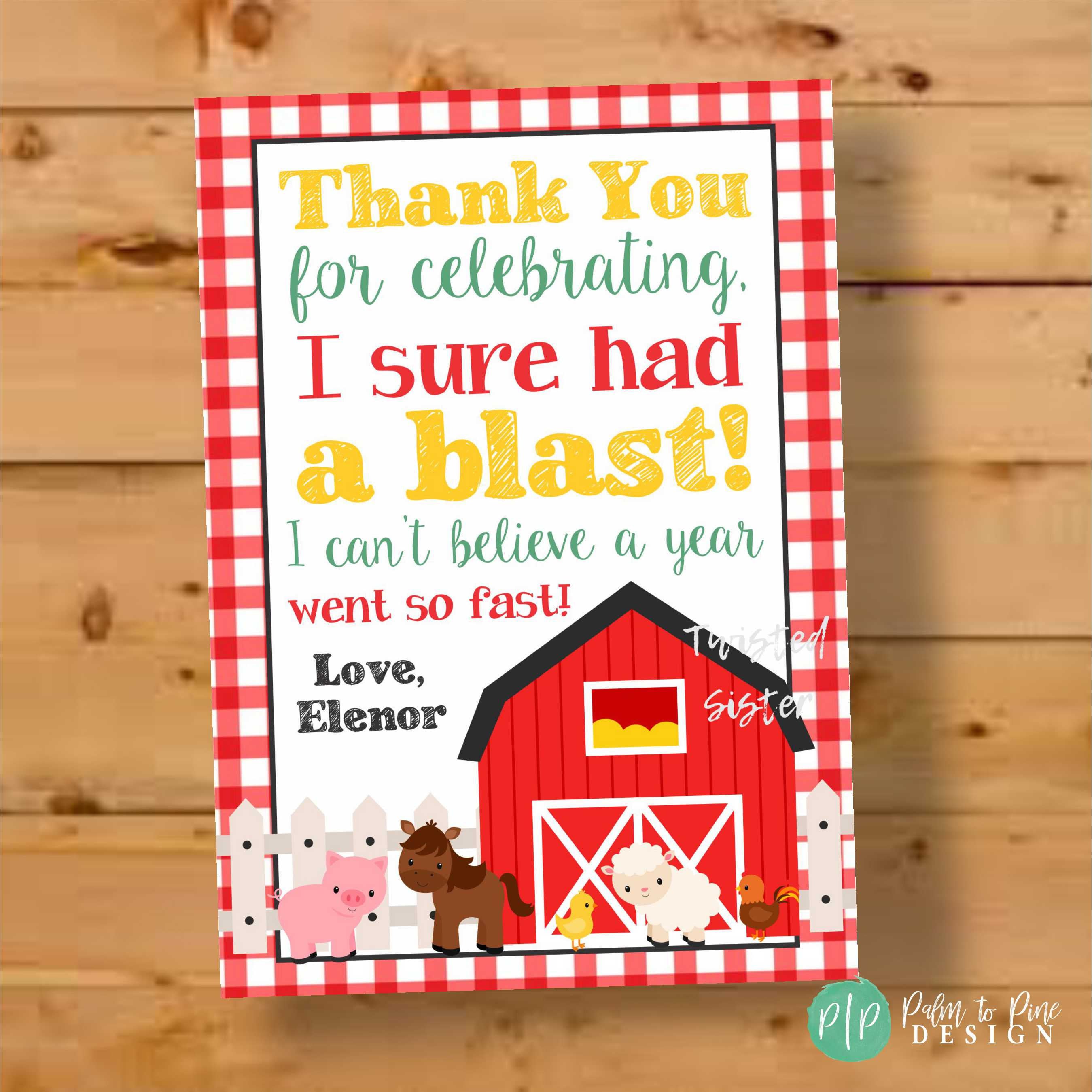 Farm birthday thank you card – Palm to Pine Design